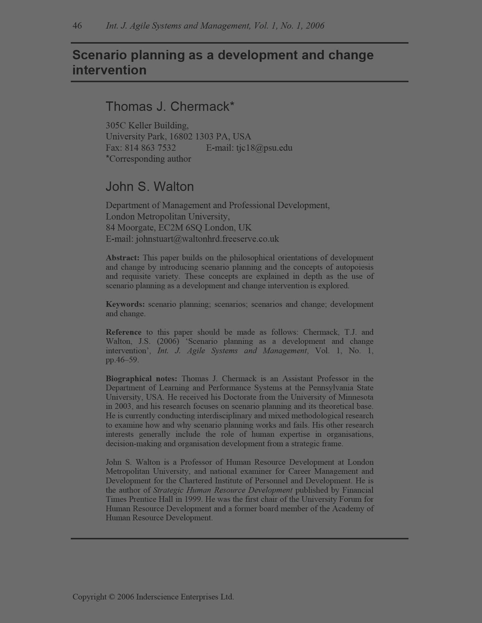 Scenario Planning As A Development And Change Intervention Chermack
